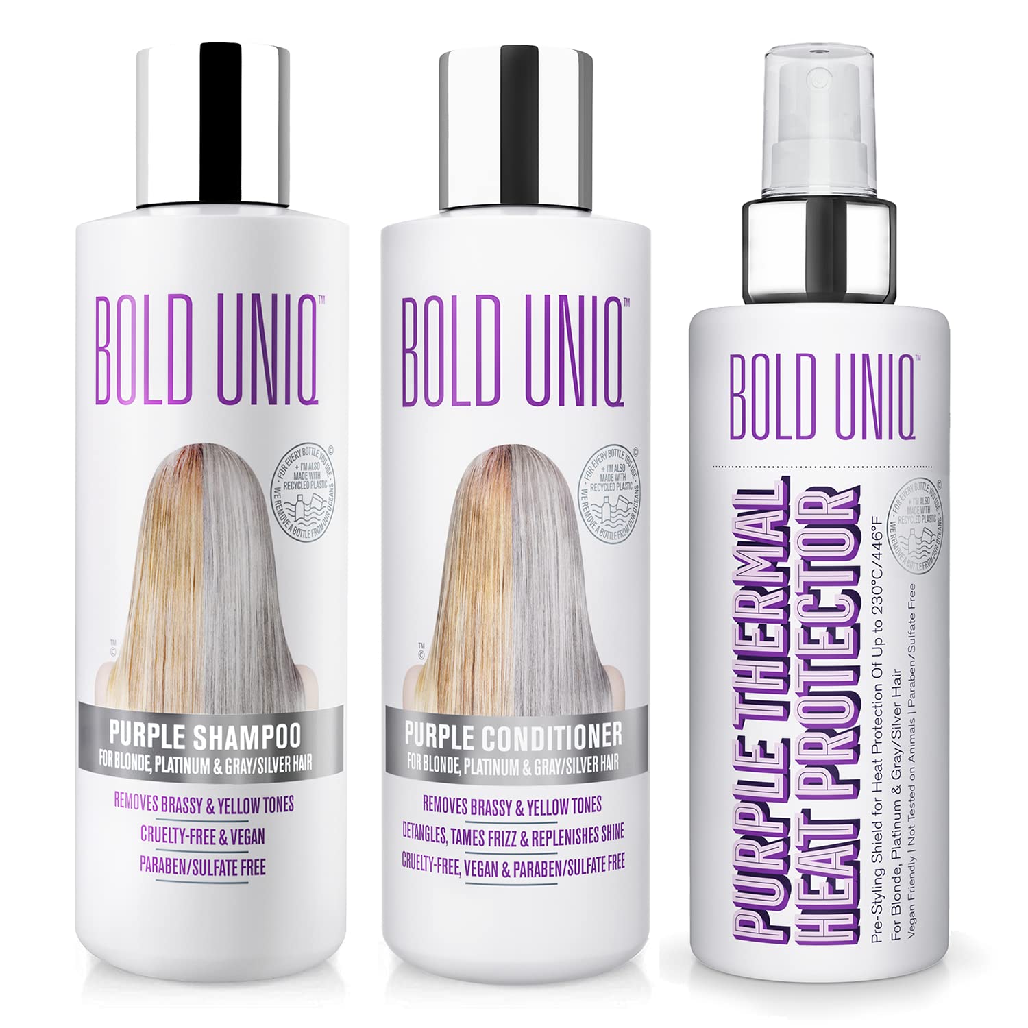 Bold Uniq Purple Shampoo, Conditioner & Purple Heat Protectant Spray Bundle. Eliminate Brassy Yellow tones. Thermal Shield Protection. Paraben & Sulfate Free. Vegan & Cruelty Free.