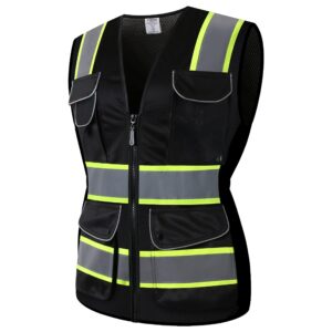 jksafety 9 pockets women hi-vis reflective safety vest | mesh black| reflective strips with yellow extended trims | ansi compliant (168-black, s)