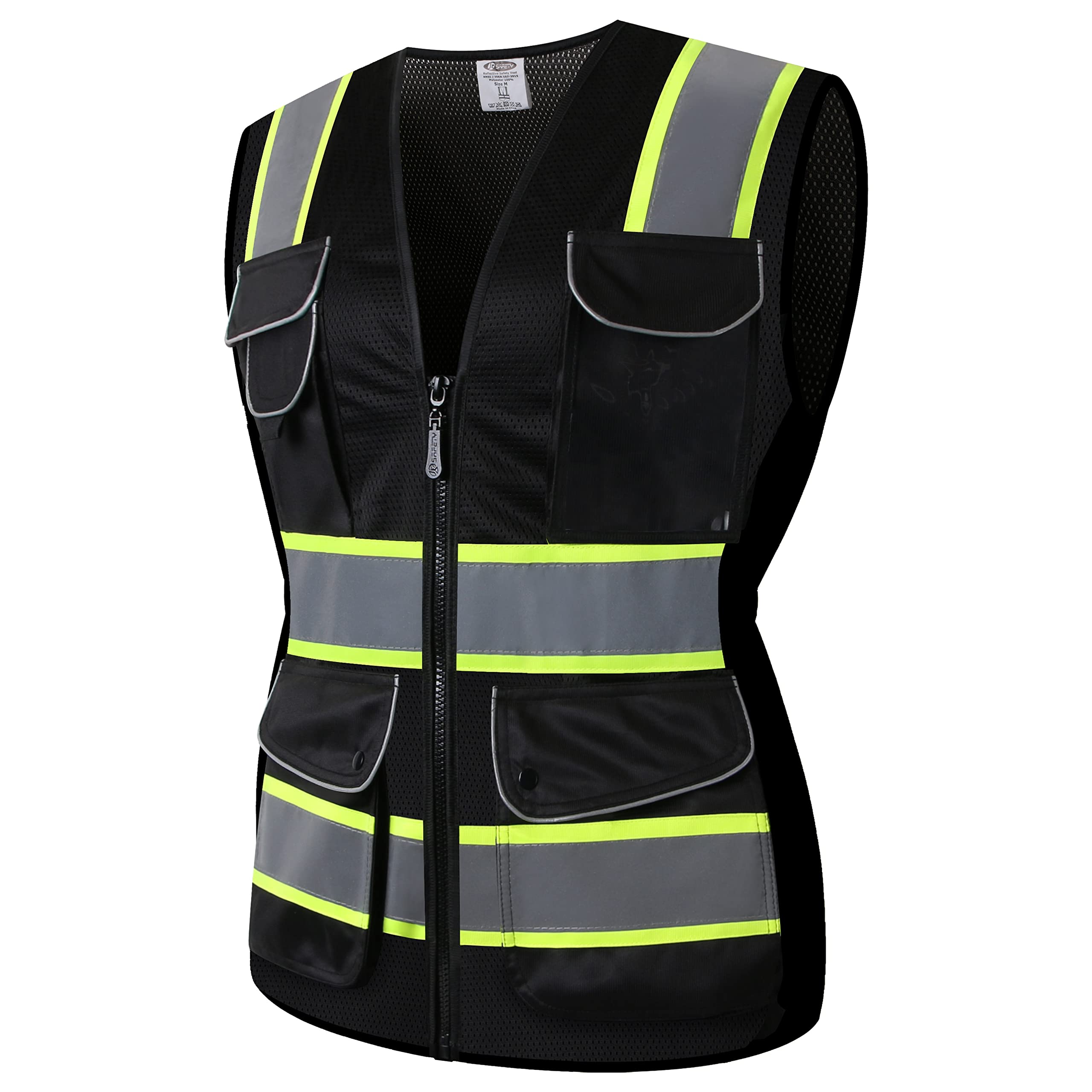 JKSafety 9 Pockets Women Hi-Vis Reflective Safety Vest | Mesh Black| Reflective Strips with Yellow Extended Trims | ANSI Compliant (168-Black, S)