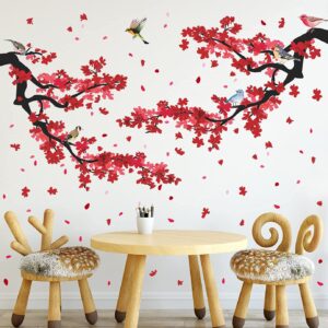 Romantic Red Flowers Wall Decals 3D Plum Floral Tree Branches Wall Stickers DIY Removable Peach Cherry Blossom Birds Wall Decor for Kids Girls Bedroom Living Room Nursery Office Decoration DT-4978