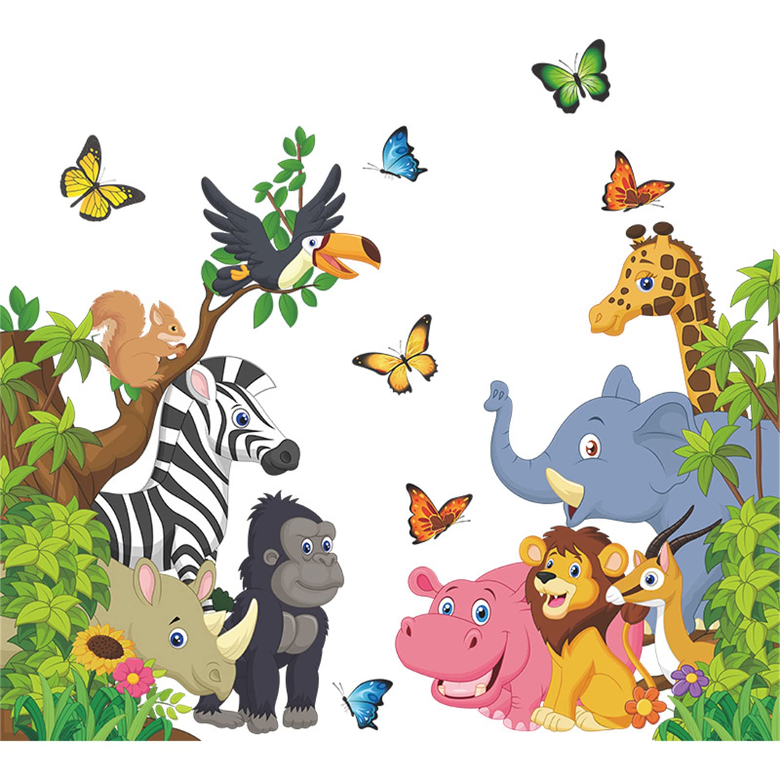 W-YANG Forest Animal Tree Wall Decals Elephant Zebra Giraffe Hippo Butterfly Lion Wall Sticker Great for Baby Nursery Kids Bedroom Playroom Living Room (Cartoon Forest Animal), Bright