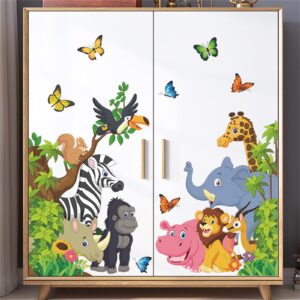 W-YANG Forest Animal Tree Wall Decals Elephant Zebra Giraffe Hippo Butterfly Lion Wall Sticker Great for Baby Nursery Kids Bedroom Playroom Living Room (Cartoon Forest Animal), Bright