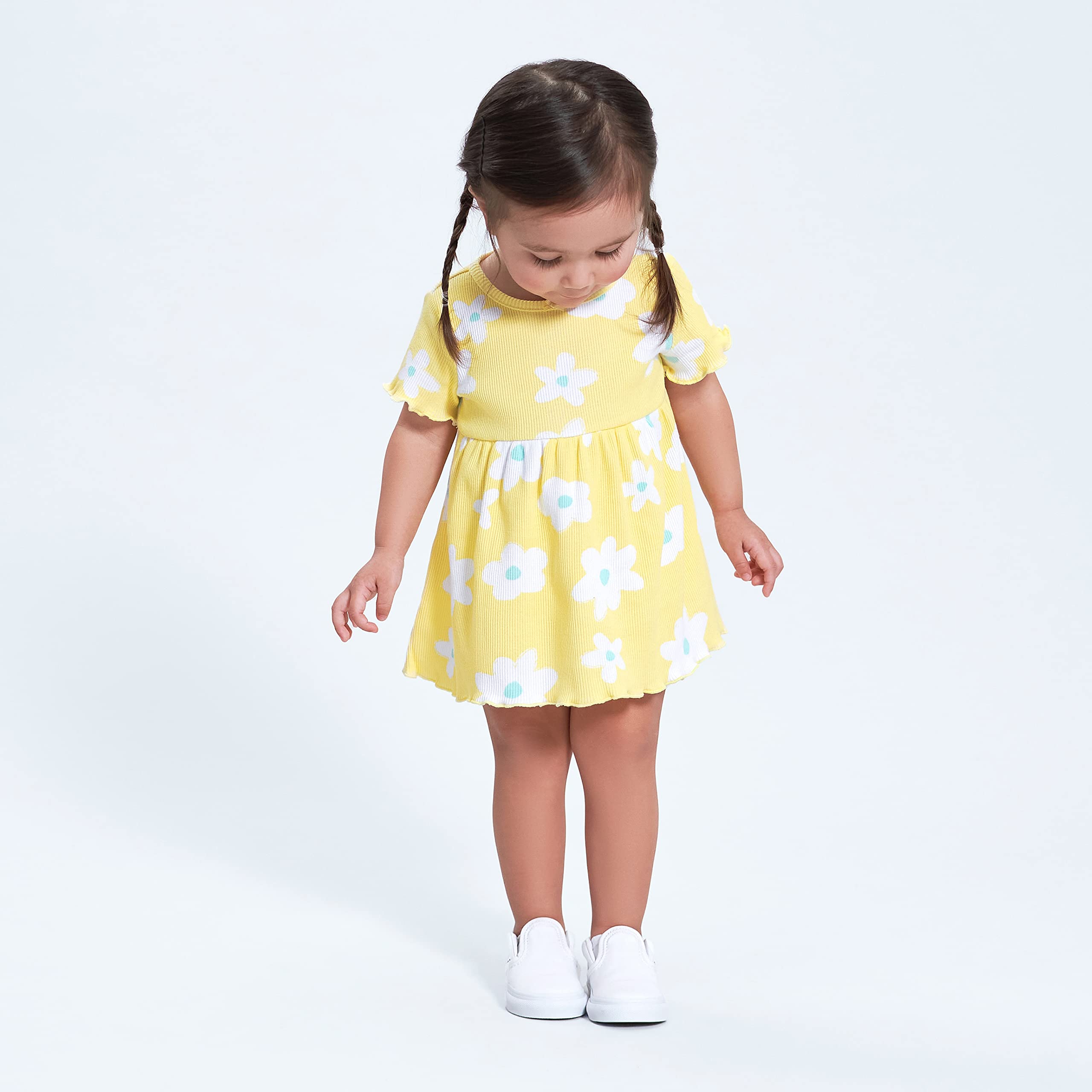 Gerber Baby Girls' 2-Pack Short Sleeve Cotton Dresses, Yellow Floral, 18 Months