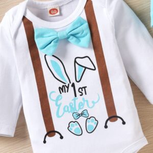 MINIFEIKO My First Easter Outfit Preemie Newborn Infant Baby Boy Long Sleeve Bow Tie Romper Bunny Pants Sets with Hat 1st Easter Day Bodysuit (White, 12 Months)