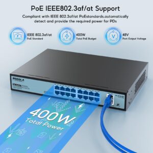 SODOLA 24 Port Gigabit PoE Switch 400W|24 Gigabit PoE+ Ports&2 Gigabit SFP Uplink, Support QoS,Extend/VLAN Mode, Fanless Rackmount, IEEE802.3af/at, Plug&PlayGigabit Ethernet Unmanaged Network Switch