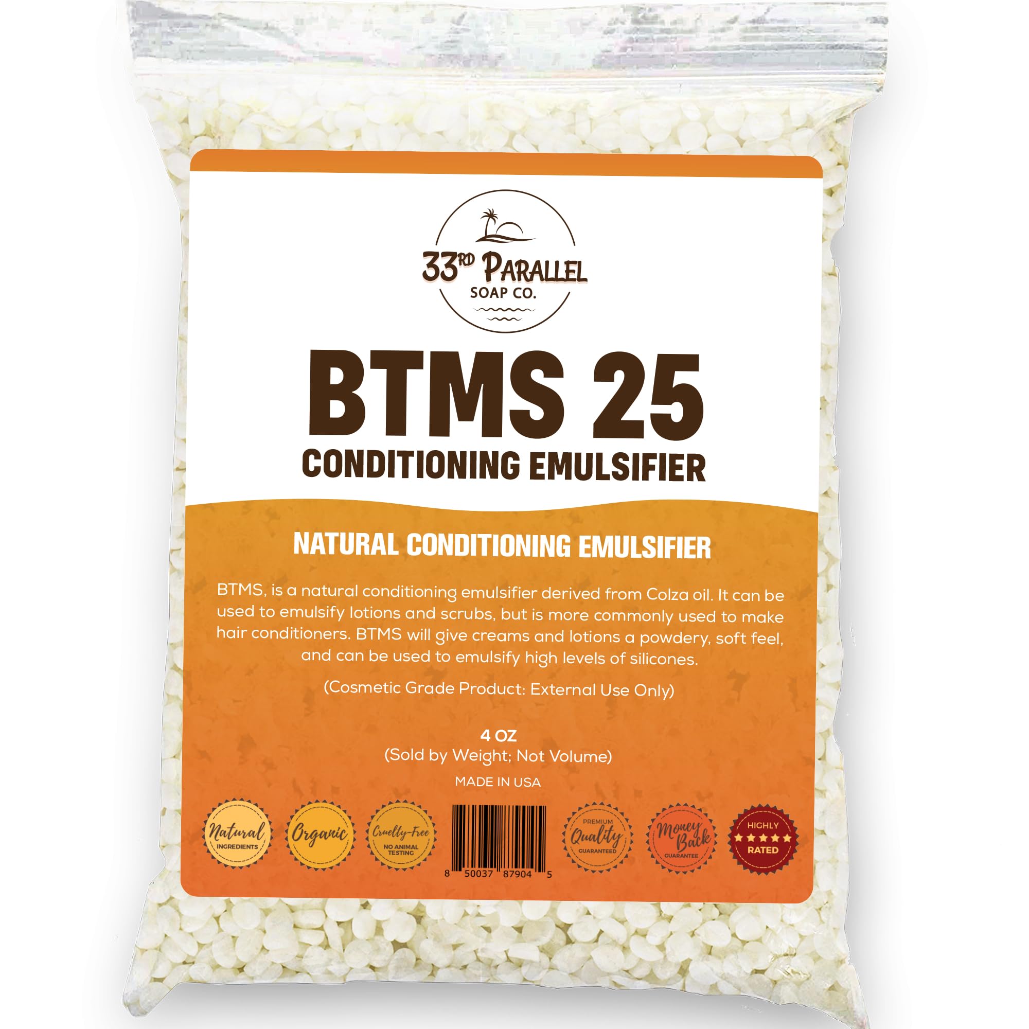 33RD PARALLEL | BTMS 25 (4 oz) Conditioning Emulsifier | Behentrimonium Methosulfate Cetearyl Alcohol Emulsifying Conditioner | (4 Ounces)