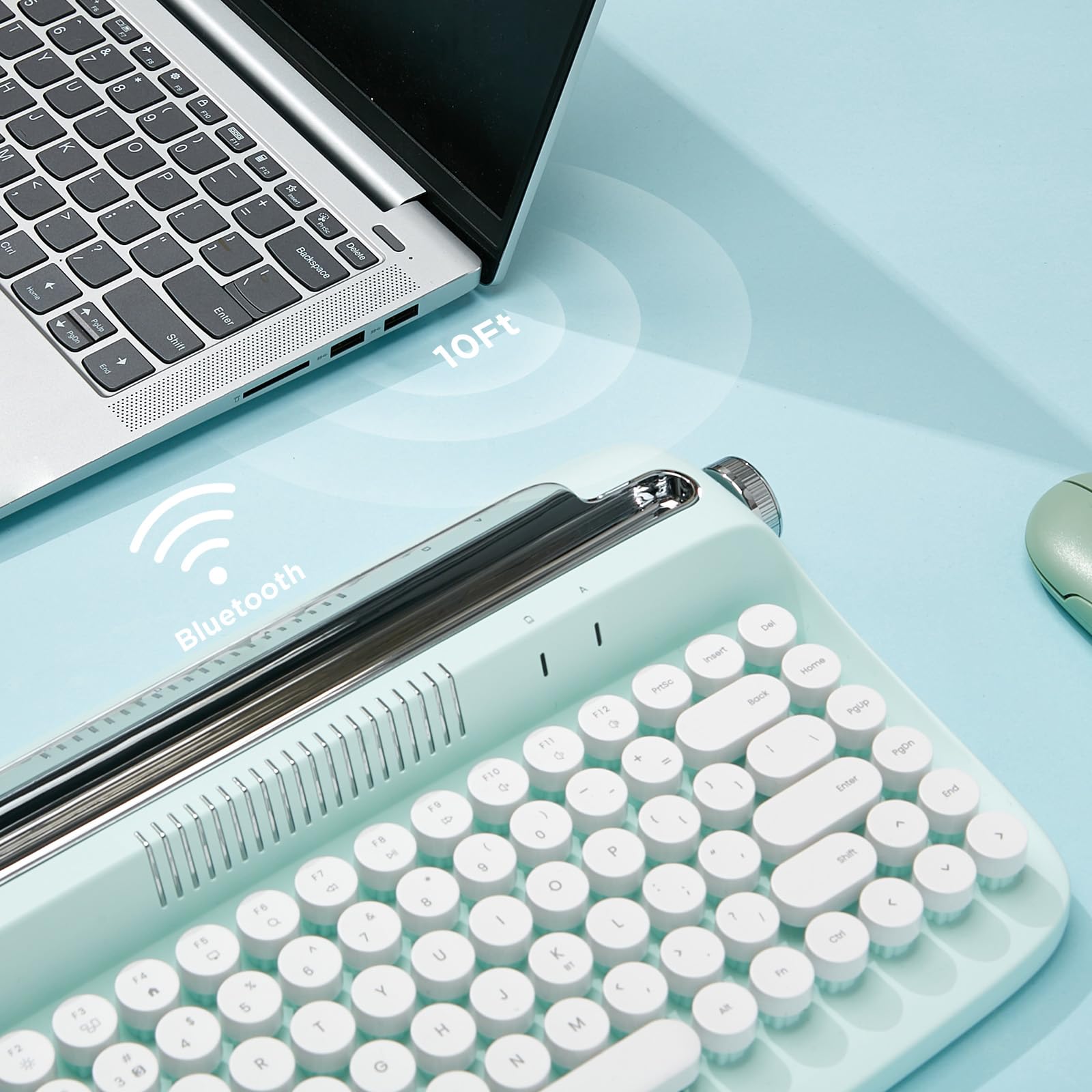 YUNZII ACTTO B303 Wireless Keyboard, Retro Bluetooth Aesthetic Typewriter Style Keyboard with Integrated Stand for Multi-Device (B303, Ivory Butter)