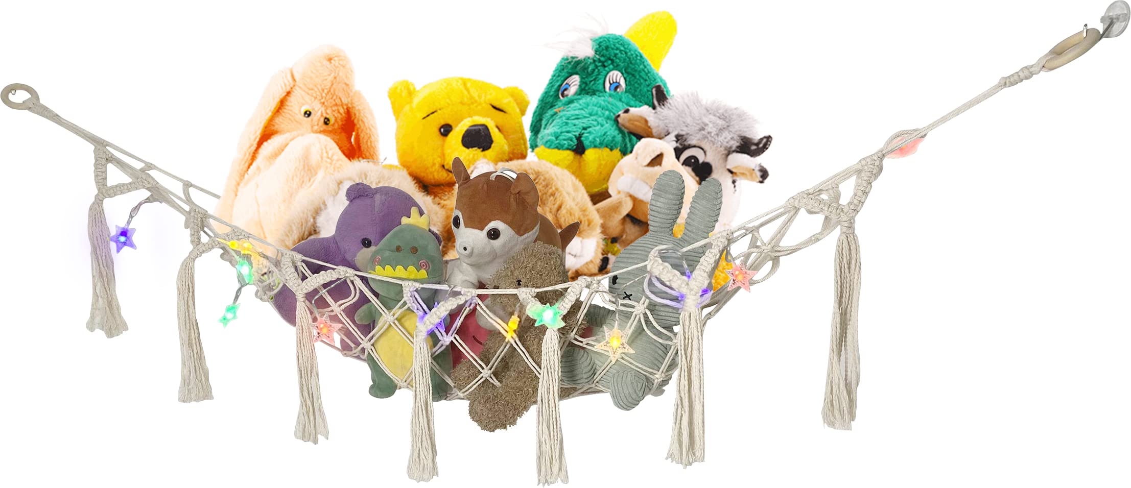 Artist Unknown Stuffed Animal Net or Hammock Jumbo - with Warm White LED String Star Lights, Wall Hooks- Stuffed Animal Hammock - Wall Net for Stuffed Animals - (X-Large - Cream / Ivory)