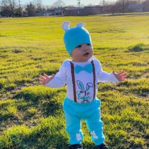 MINIFEIKO My First Easter Outfit Preemie Newborn Infant Baby Boy Long Sleeve Bow Tie Romper Bunny Pants Sets with Hat 1st Easter Day Bodysuit (White, 12 Months)