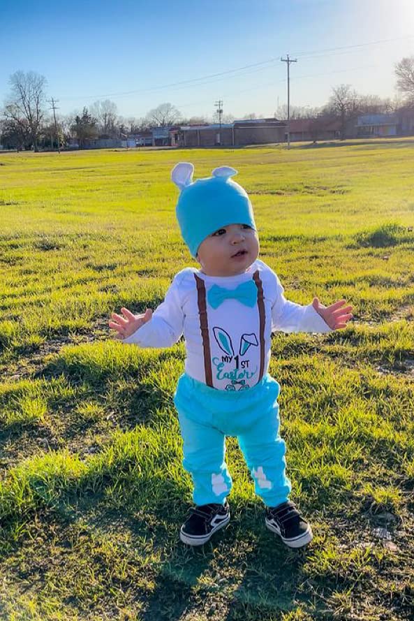 MINIFEIKO My First Easter Outfit Preemie Newborn Infant Baby Boy Long Sleeve Bow Tie Romper Bunny Pants Sets with Hat 1st Easter Day Bodysuit (White, 12 Months)