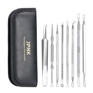 新品 jpnk new 8pcs blackhead remover comedones extractor acne removal kit for blemish, zit removing for nose face tools with a leather bag… (black)