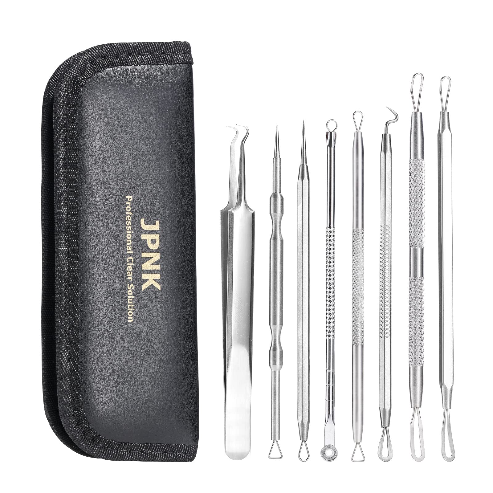 新品 JPNK New 8PCS Blackhead Remover Comedones Extractor Acne Removal Kit for Blemish, Zit Removing for Nose Face Tools with a Leather Bag… (black)