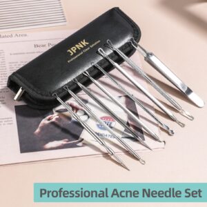 新品 JPNK New 8PCS Blackhead Remover Comedones Extractor Acne Removal Kit for Blemish, Zit Removing for Nose Face Tools with a Leather Bag… (black)