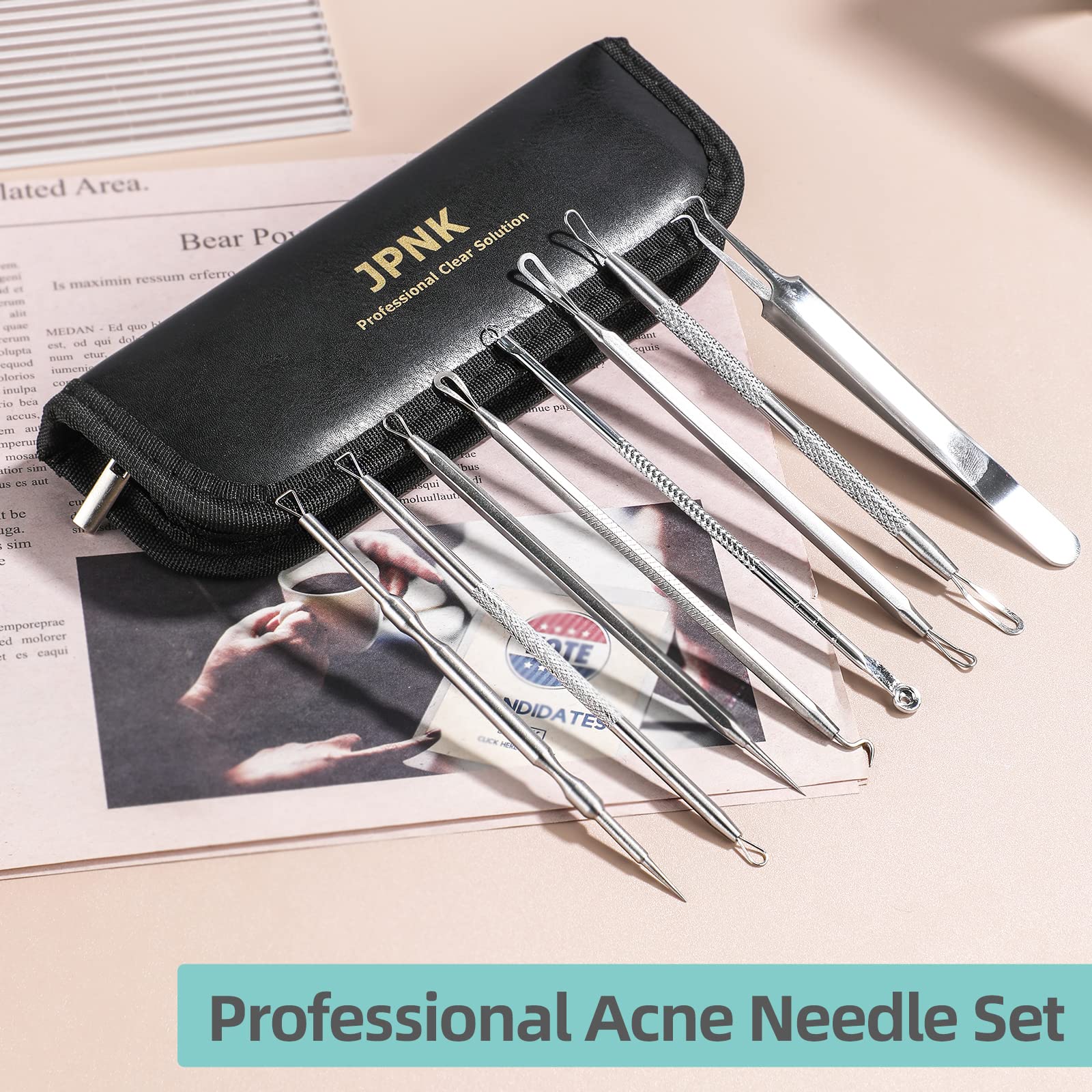 新品 JPNK New 8PCS Blackhead Remover Comedones Extractor Acne Removal Kit for Blemish, Zit Removing for Nose Face Tools with a Leather Bag… (black)