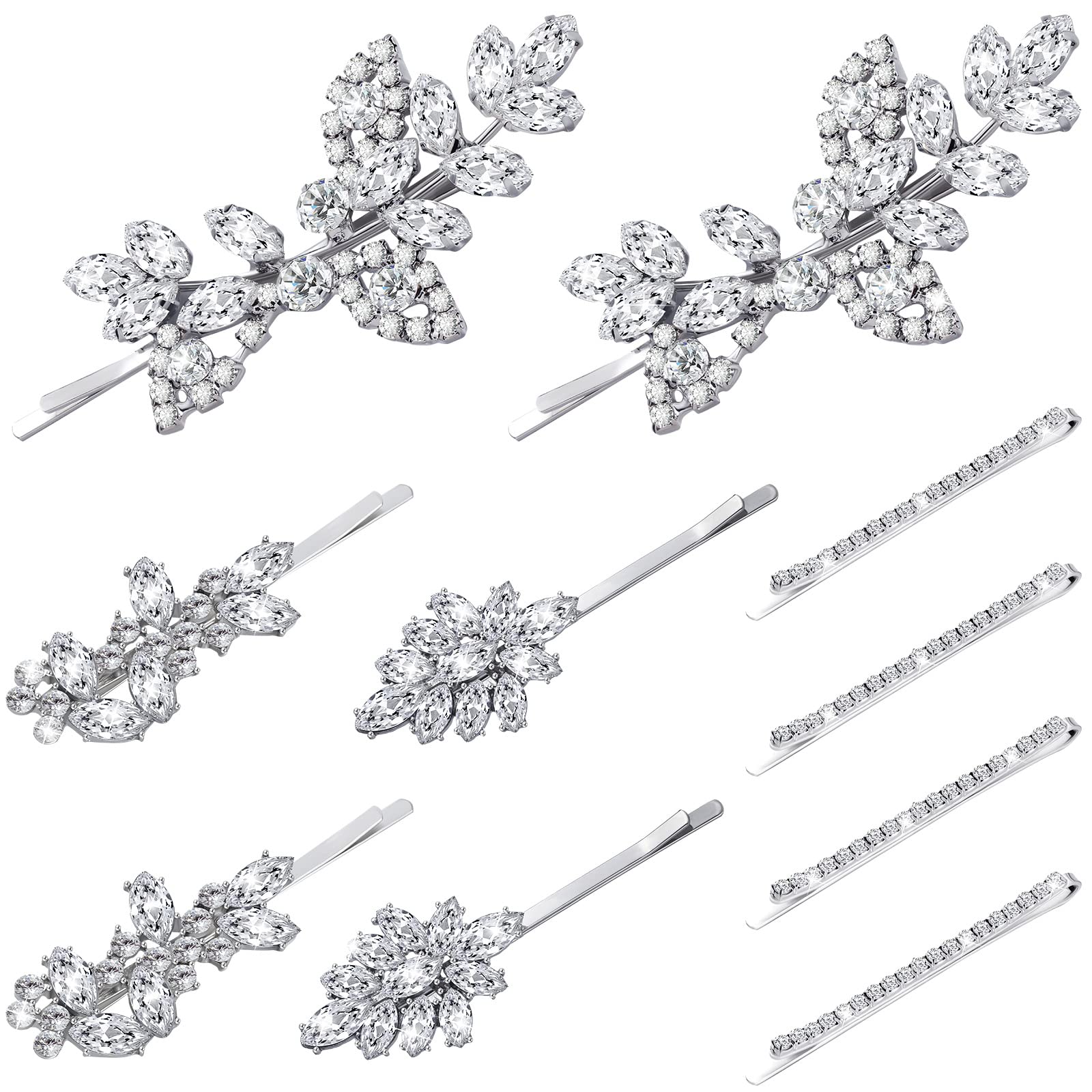 Janinka 10 Pieces Rhinestone Wedding Hair Clips Bridal Hair Pins Crystal Bobby Pins Silver Hairpin Barrette Leaf Flower Wedding Elegant Hair Accessories for Bride Women and Girls (Rhinestone style)