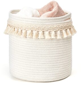 mkono macrame decorative cotton rope basket boho nursery decor small cute woven tassel closet storage bins organizer for baby toys,magazines, potted plants cover,living room,bedroom, 11"x11"