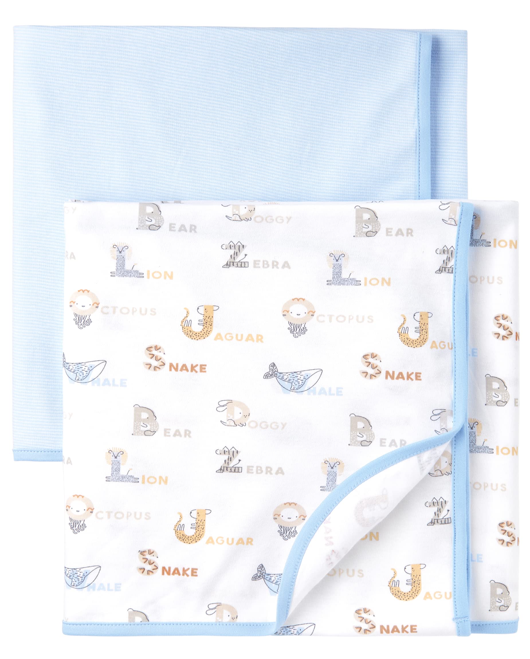 The Children's Place Unisex Baby Swaddle Blankets 2-Pack, Animal Words/Brook Stripe, No Size