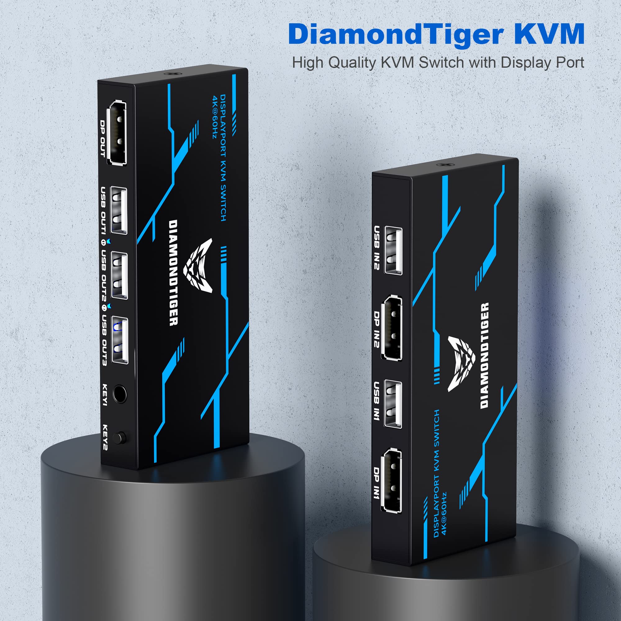 DiamondTiger KVM Switch DisplayPort - DP KVM Switch for 1 Monitor 2 Computers to Share Mouse, Keyboard, Printer, USB 2.0 Device and Ultra HD Monitor, Support 4K 60fps. Display Port Cable Included