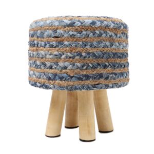 redearth · foot stool -handmade wooden 4 legs jute and denim seat footrest for living room, bedroom, nursery, kidsroom, patio, gym; 50% cotton 50% jute (16"x14"x14"; levi charm denim blue)