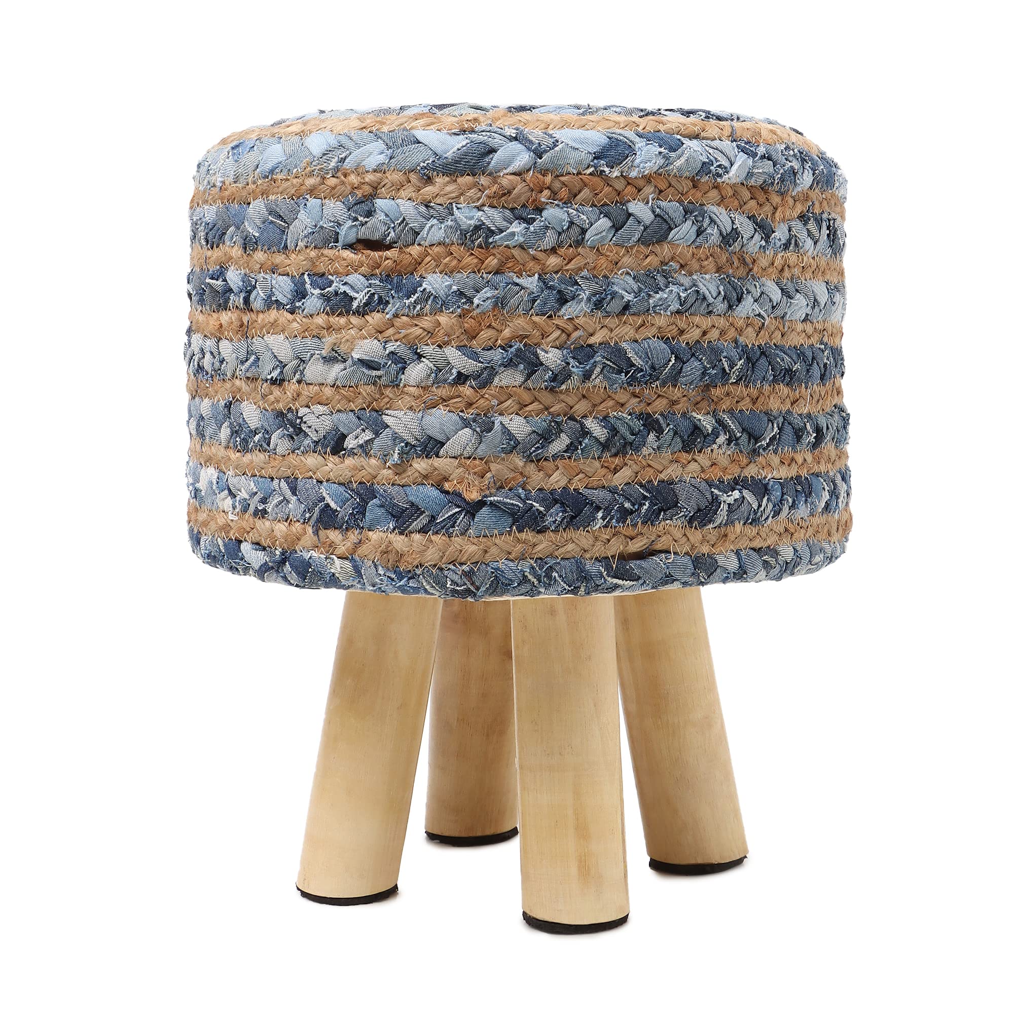 REDEARTH · Foot Stool -Handmade Wooden 4 Legs Jute and Denim Seat Footrest for Living Room, Bedroom, Nursery, kidsroom, Patio, Gym; 50% Cotton 50% Jute (16"x14"x14"; Levi Charm Denim Blue)