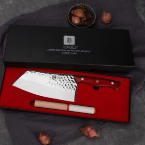 TIVOLI Cleaver Knife 7-inch Japanese Hand Forged VG10 High Carbon Steel Sharp Chef Knife Wooden Handle with Sharpener & Gift Box Kitchen Butcher Knife for Meat Cutting