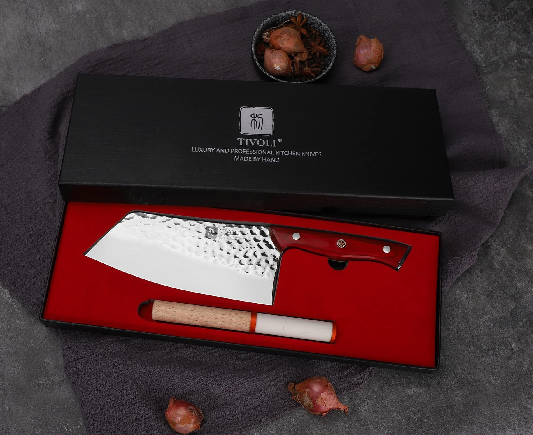 TIVOLI Cleaver Knife 7-inch Japanese Hand Forged VG10 High Carbon Steel Sharp Chef Knife Wooden Handle with Sharpener & Gift Box Kitchen Butcher Knife for Meat Cutting