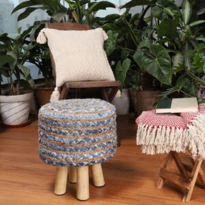 REDEARTH · Foot Stool -Handmade Wooden 4 Legs Jute and Denim Seat Footrest for Living Room, Bedroom, Nursery, kidsroom, Patio, Gym; 50% Cotton 50% Jute (16"x14"x14"; Levi Charm Denim Blue)