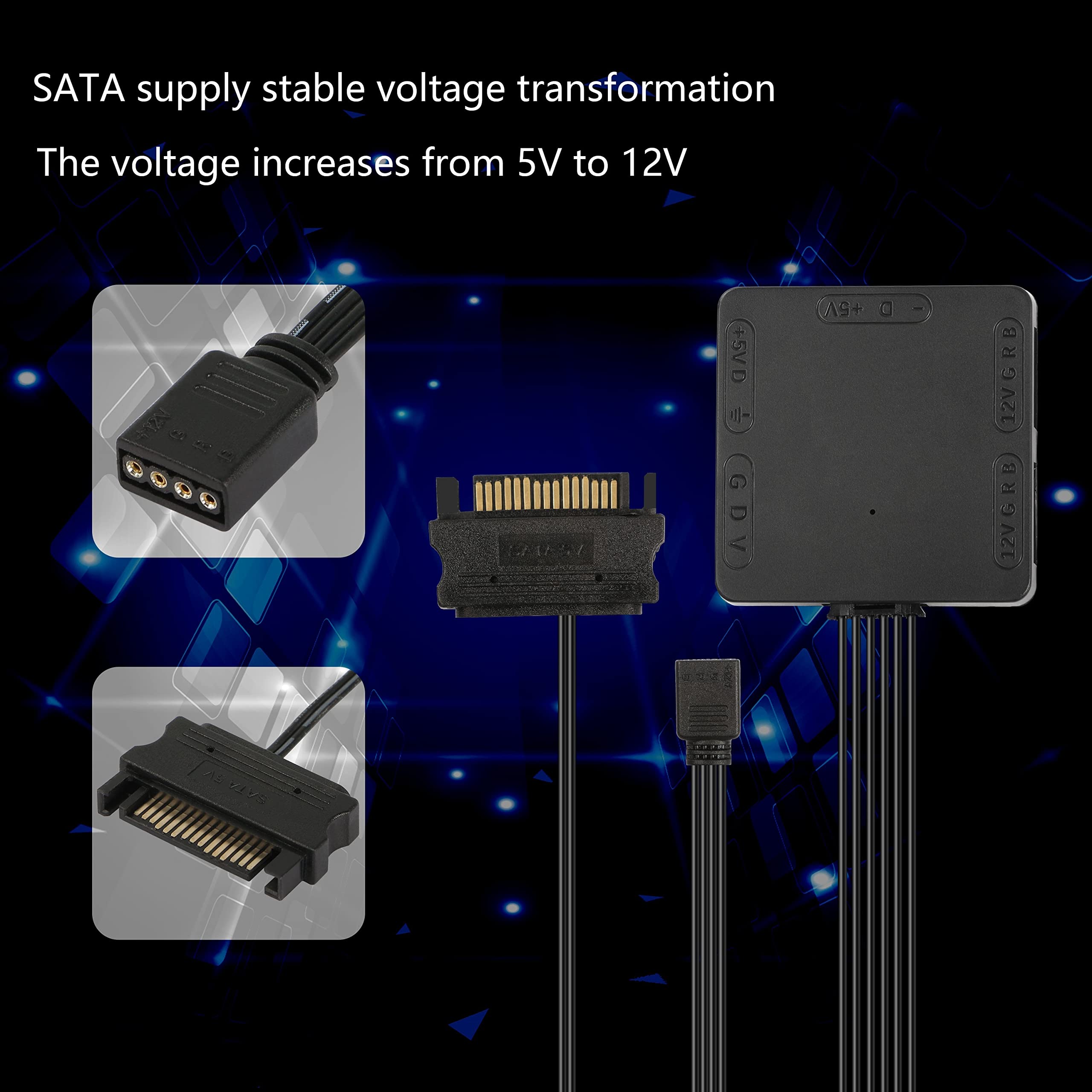 XMSJSIY 5V 3 Pin ARGB to 12V 4 Pin RGB Converter, 5V ADD-RGB to 12V RGB Motherboard Transfer Hub, with SATA Power cable