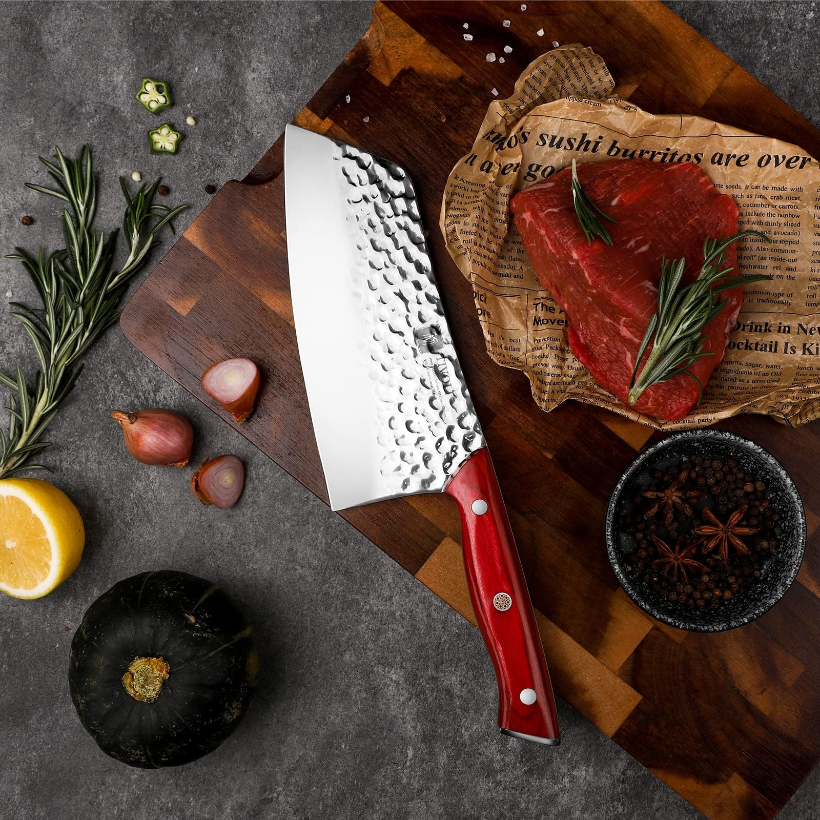 TIVOLI Cleaver Knife 7-inch Japanese Hand Forged VG10 High Carbon Steel Sharp Chef Knife Wooden Handle with Sharpener & Gift Box Kitchen Butcher Knife for Meat Cutting