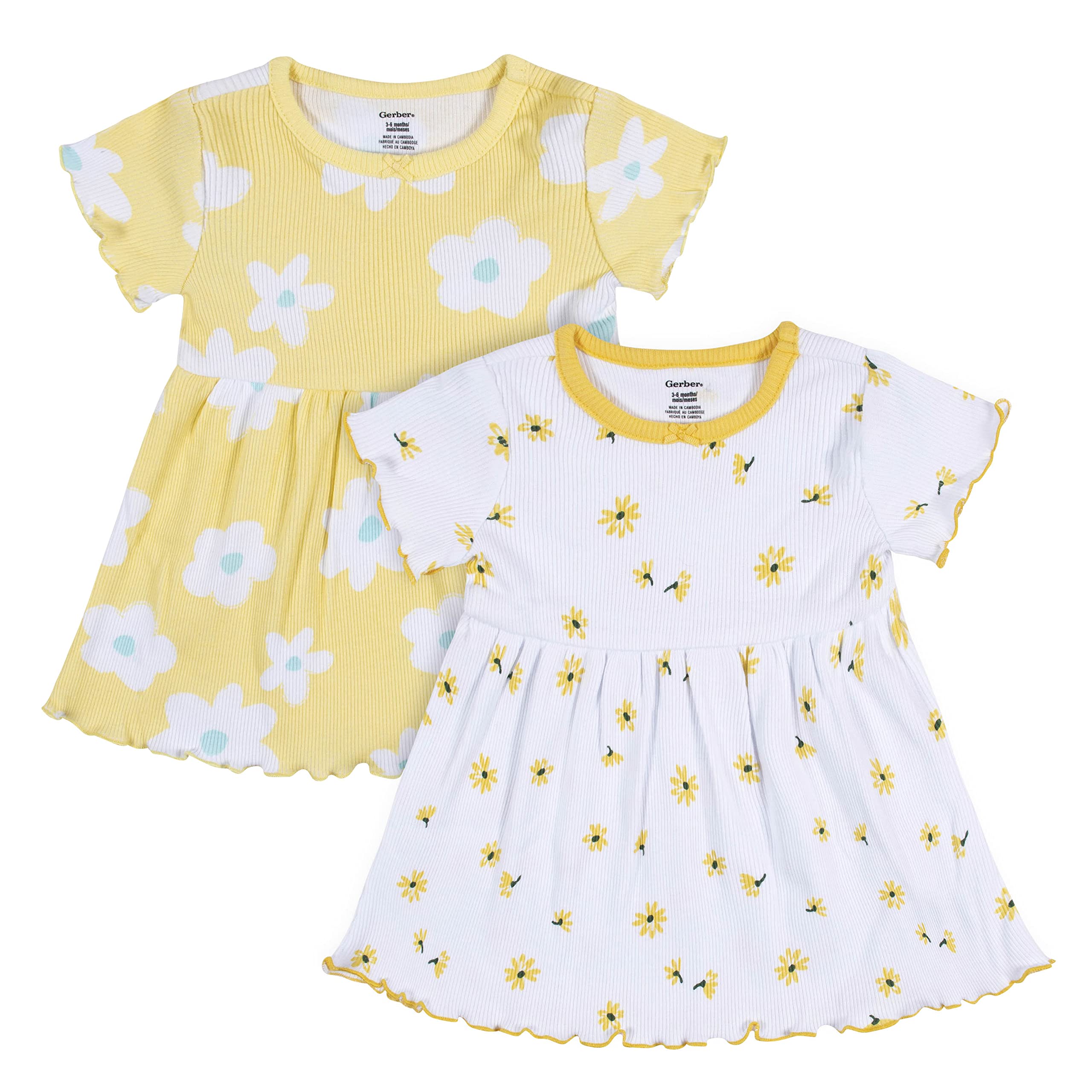 Gerber Baby Girls' 2-Pack Short Sleeve Cotton Dresses, Yellow Floral, 18 Months