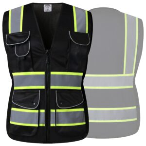 JKSafety 9 Pockets Women Hi-Vis Reflective Safety Vest | Mesh Black| Reflective Strips with Yellow Extended Trims | ANSI Compliant (168-Black, S)