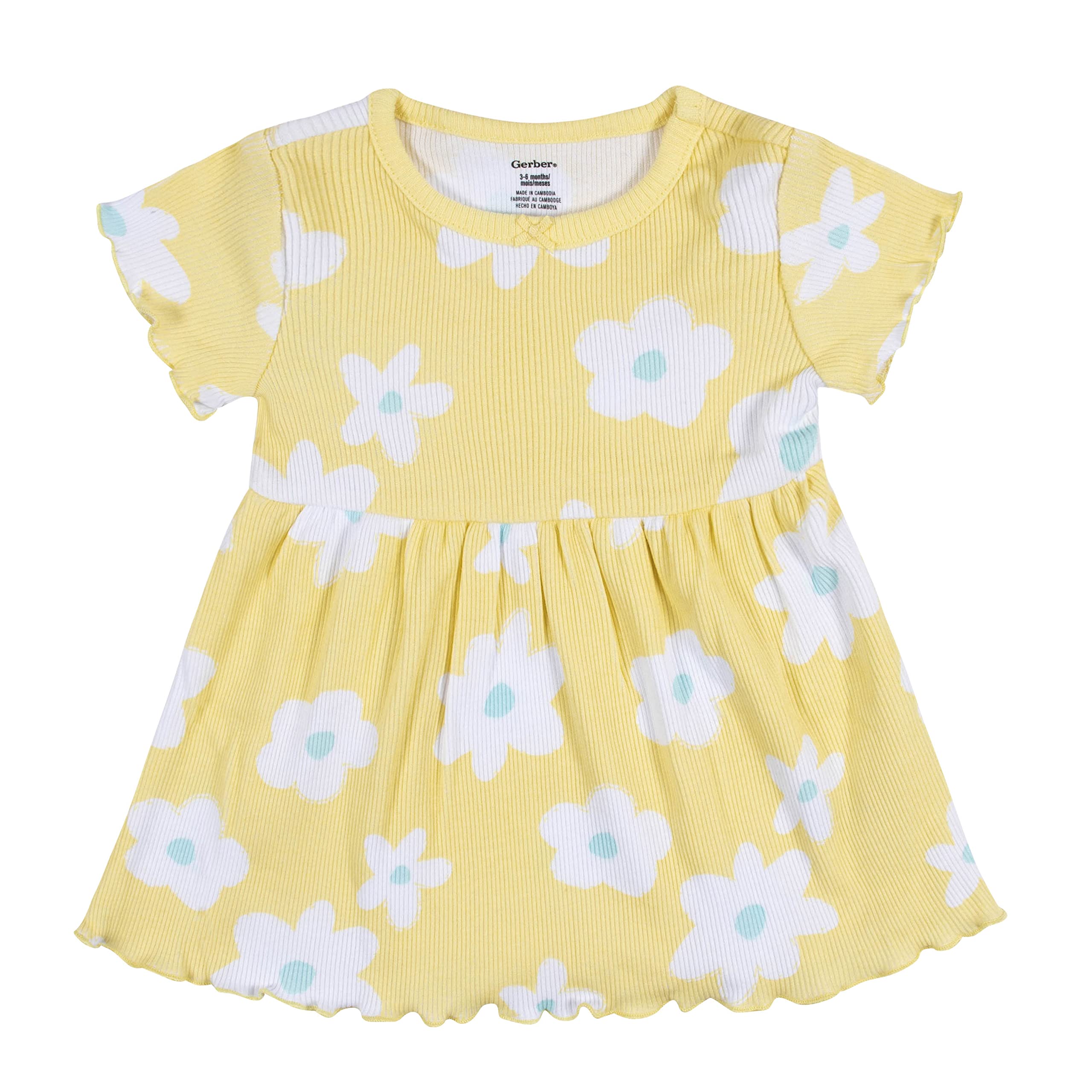 Gerber Baby Girls' 2-Pack Short Sleeve Cotton Dresses, Yellow Floral, 18 Months