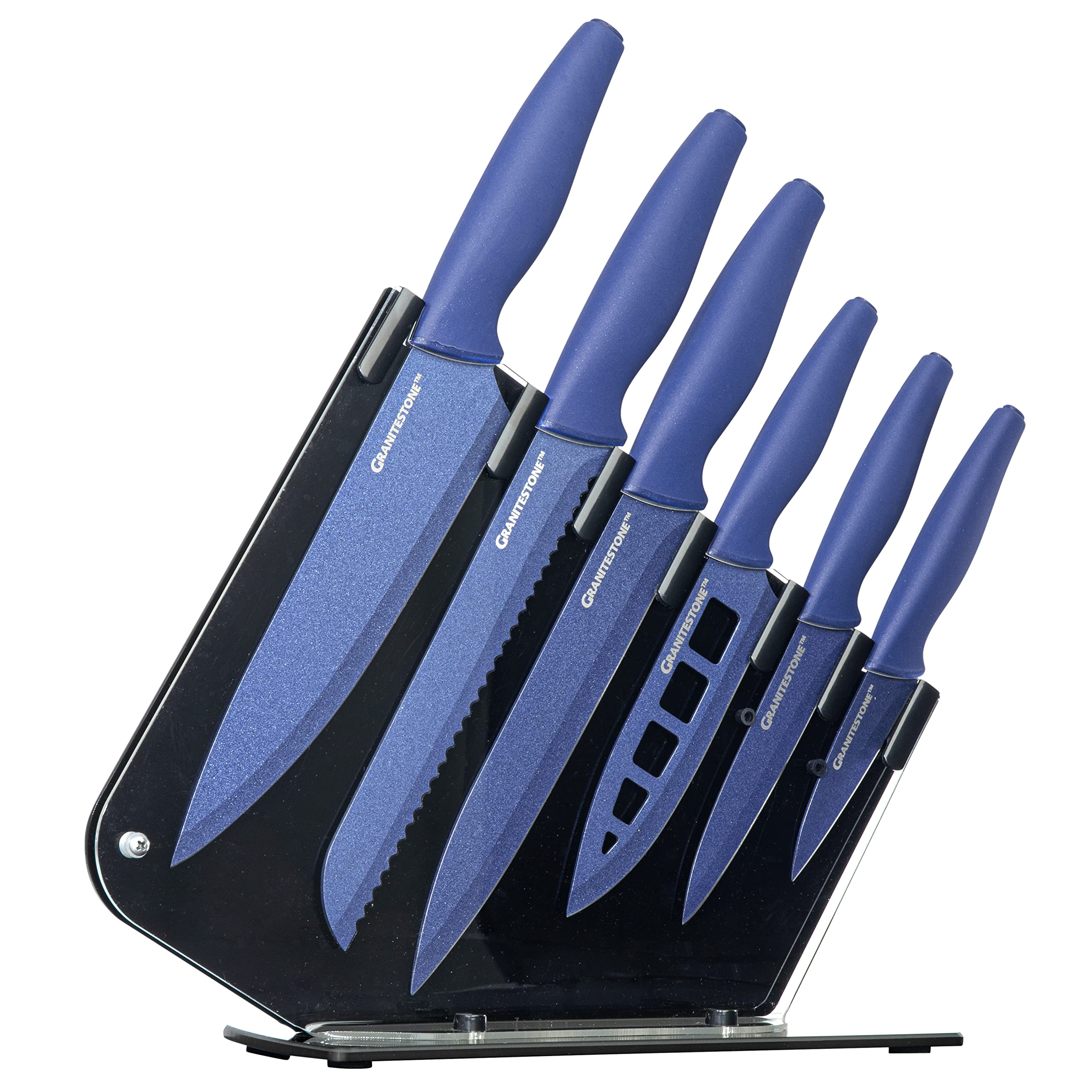 Nutriblade Knife Set with Block by Granitestone 6-Piece Professional Kitchen Chef’s Knives Ultra Sharp Stainless Steel Blades and Nonstick Granite Coating, Easy-Grip and Dishwasher-safe (Blue)