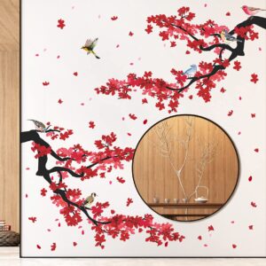 Romantic Red Flowers Wall Decals 3D Plum Floral Tree Branches Wall Stickers DIY Removable Peach Cherry Blossom Birds Wall Decor for Kids Girls Bedroom Living Room Nursery Office Decoration DT-4978