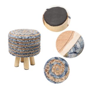 REDEARTH · Foot Stool -Handmade Wooden 4 Legs Jute and Denim Seat Footrest for Living Room, Bedroom, Nursery, kidsroom, Patio, Gym; 50% Cotton 50% Jute (16"x14"x14"; Levi Charm Denim Blue)