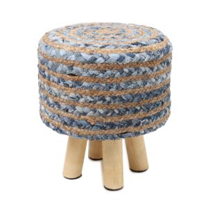 REDEARTH · Foot Stool -Handmade Wooden 4 Legs Jute and Denim Seat Footrest for Living Room, Bedroom, Nursery, kidsroom, Patio, Gym; 50% Cotton 50% Jute (16"x14"x14"; Levi Charm Denim Blue)