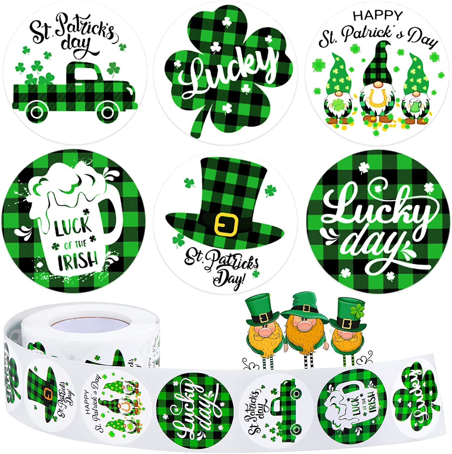 500 Pieces St. Patrick's Day Stickers Irish Shamrock Lucky Clover Stickers Round Irish Self Adhesive Tag Seals Labels for St. Patrick's Day Party Bags Boxes Wrap Cards Bottles Envelopes, 1.5 Inch