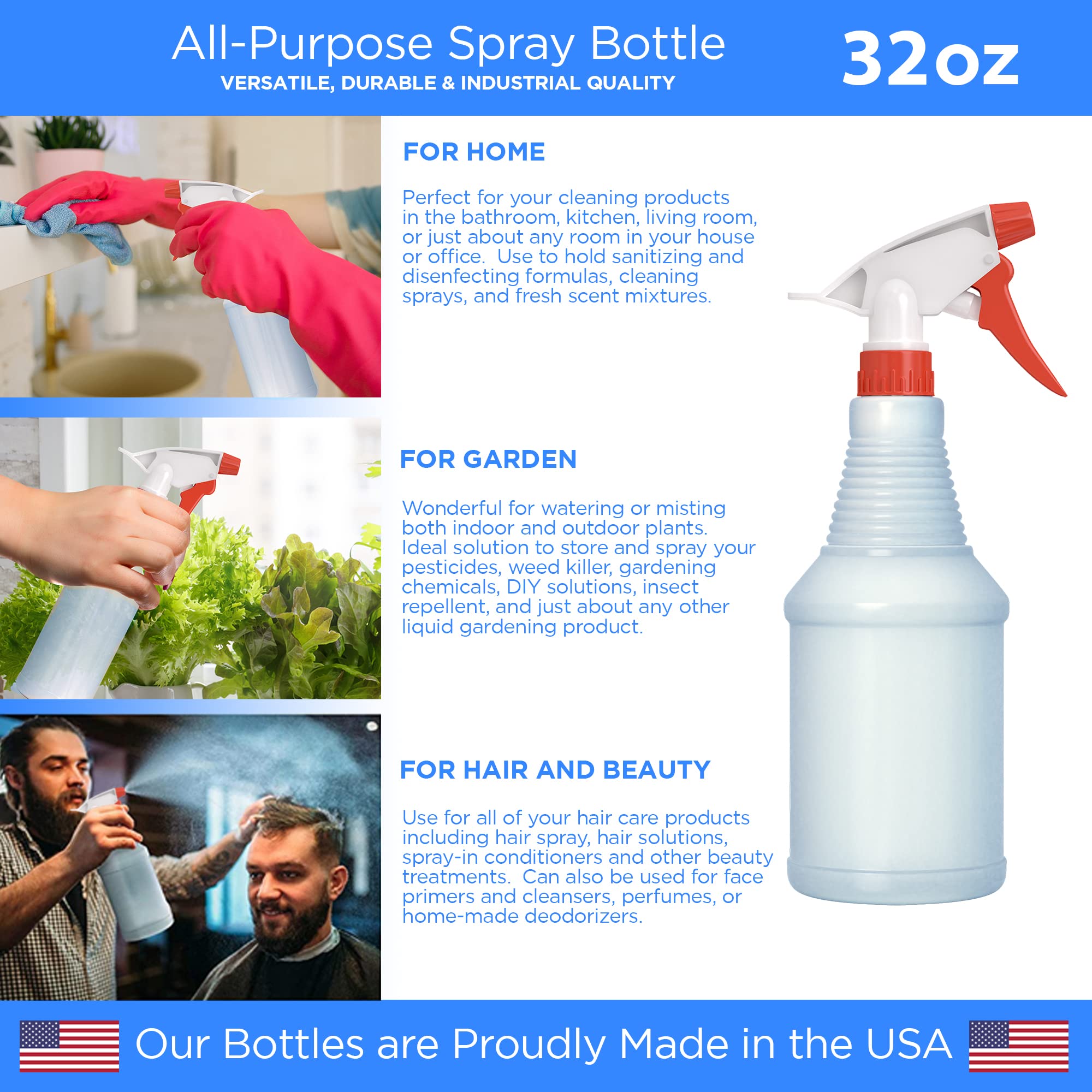 Plastic Spray Bottles with Sprayers - 32 oz Empty Spray Bottles for Cleaning Solutions, Plant Watering, Animal Training and More - No Clog & Leak Proof Heavy Duty Spray Bottles with Sprayers - 4 Pack