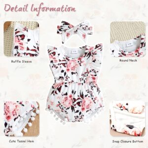 Hascloth Newborn Baby Girl Romper Infant Tassel Bodysuit Floral Dress Shorts Jumpsuit Ruffle Sleeveless Summer Clothes Outfit Set Brown 3-6Months