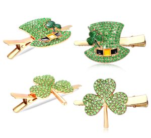 st. patrick’s day hair clips accessories festival rhinestone shamrock hair clips for women girls green irish lucky clove leprechaun top hat charm hairpins st.patricks day jewelry party favor costume