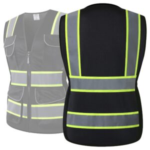 JKSafety 9 Pockets Women Hi-Vis Reflective Safety Vest | Mesh Black| Reflective Strips with Yellow Extended Trims | ANSI Compliant (168-Black, S)