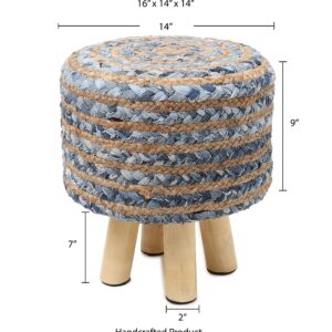 REDEARTH · Foot Stool -Handmade Wooden 4 Legs Jute and Denim Seat Footrest for Living Room, Bedroom, Nursery, kidsroom, Patio, Gym; 50% Cotton 50% Jute (16"x14"x14"; Levi Charm Denim Blue)