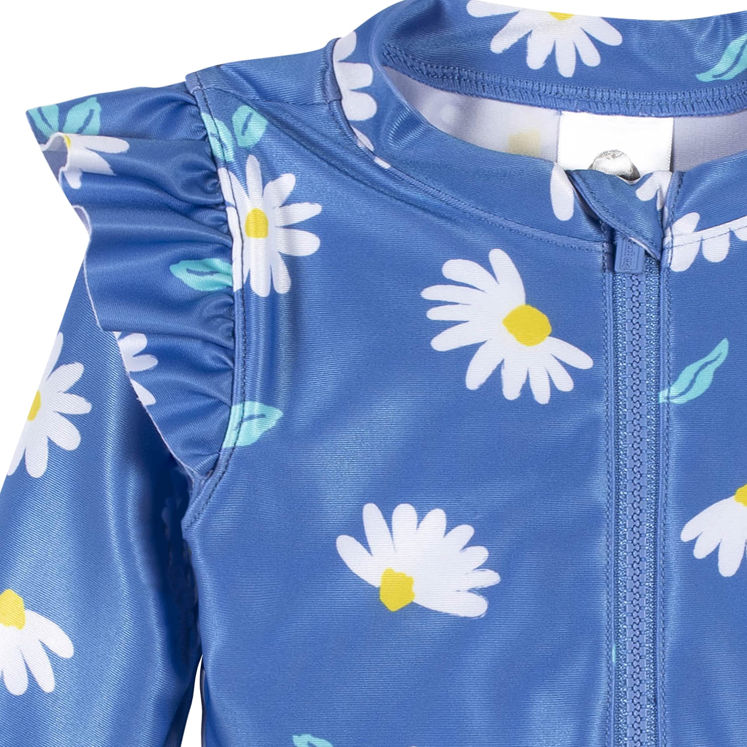 Gerber Girls' Toddler Long Sleeve One Piece Rashguard Swimsuit, Blue Daisies, 6-9 Months