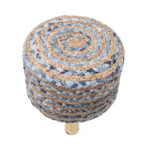 REDEARTH · Foot Stool -Handmade Wooden 4 Legs Jute and Denim Seat Footrest for Living Room, Bedroom, Nursery, kidsroom, Patio, Gym; 50% Cotton 50% Jute (16"x14"x14"; Levi Charm Denim Blue)