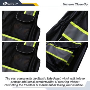 JKSafety 9 Pockets Women Hi-Vis Reflective Safety Vest | Mesh Black| Reflective Strips with Yellow Extended Trims | ANSI Compliant (168-Black, S)