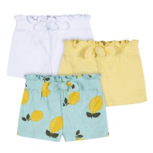 gerber baby girl's toddler 3-pack pull-on knit shorts, yellow lemons, 12 months