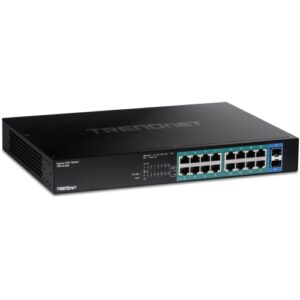 trendnet 18-port gigabit poe+ switch, 16 x 30w poe+ ports, 2 gigabit sfp slots, 240w poe budget, 36gbps switching capacity, 1u 19” rack mountable, lifetime protection, black, tpe-tg182