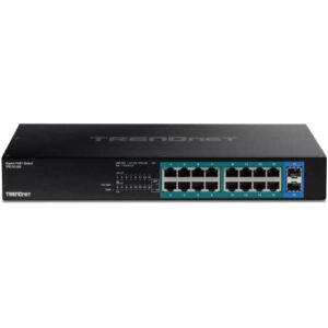 TRENDnet 18-Port Gigabit PoE+ Switch, 16 x 30W PoE+ Ports, 2 Gigabit SFP Slots, 240W PoE Budget, 36Gbps Switching Capacity, 1U 19” Rack Mountable, Lifetime Protection, Black, TPE-TG182