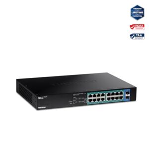 TRENDnet 18-Port Gigabit PoE+ Switch, 16 x 30W PoE+ Ports, 2 Gigabit SFP Slots, 240W PoE Budget, 36Gbps Switching Capacity, 1U 19” Rack Mountable, Lifetime Protection, Black, TPE-TG182