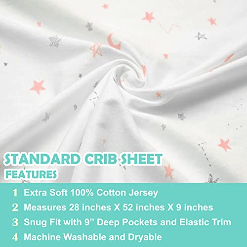 American Baby Company 3 Pack Fitted Crib Sheets 28" x 52", Soft Breathable Neutral 100% Cotton Jersey Sheet, Pink Star/Zigzag, for Boys and Girls, Fits Crib and Toddler Bed mattresses